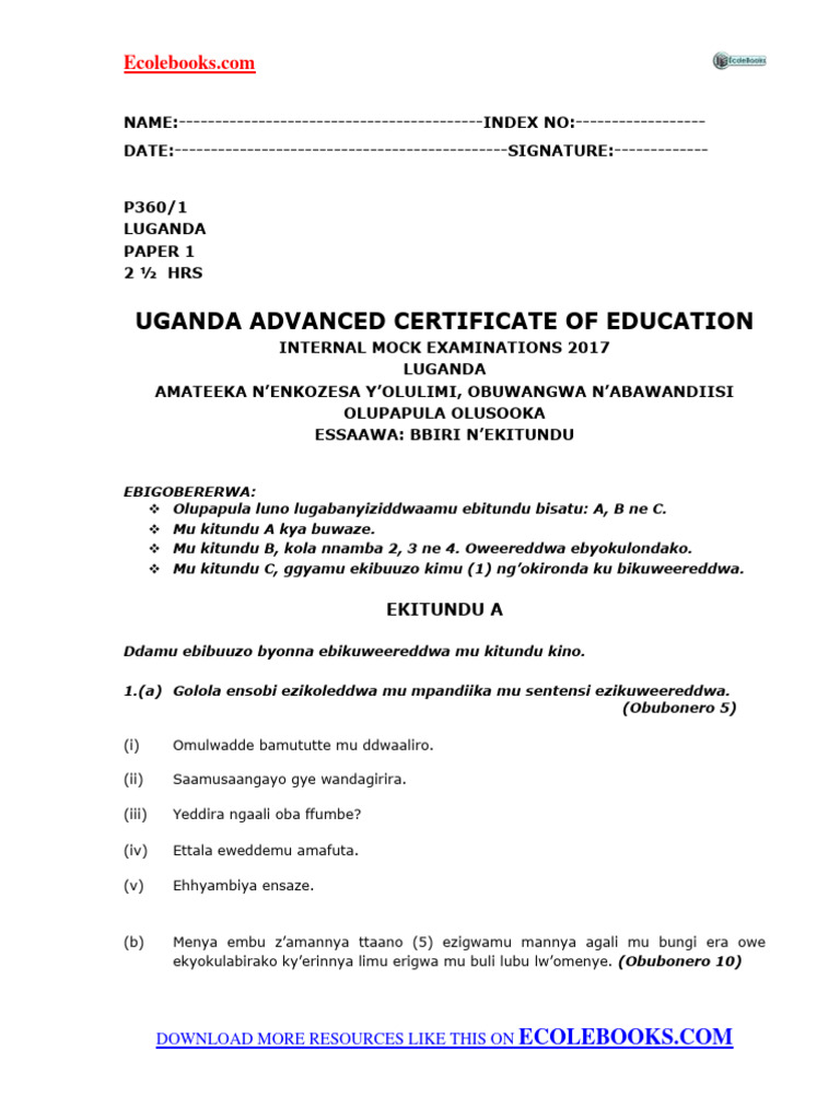 s6 Luganda p1 Revision Past Papers | PDF