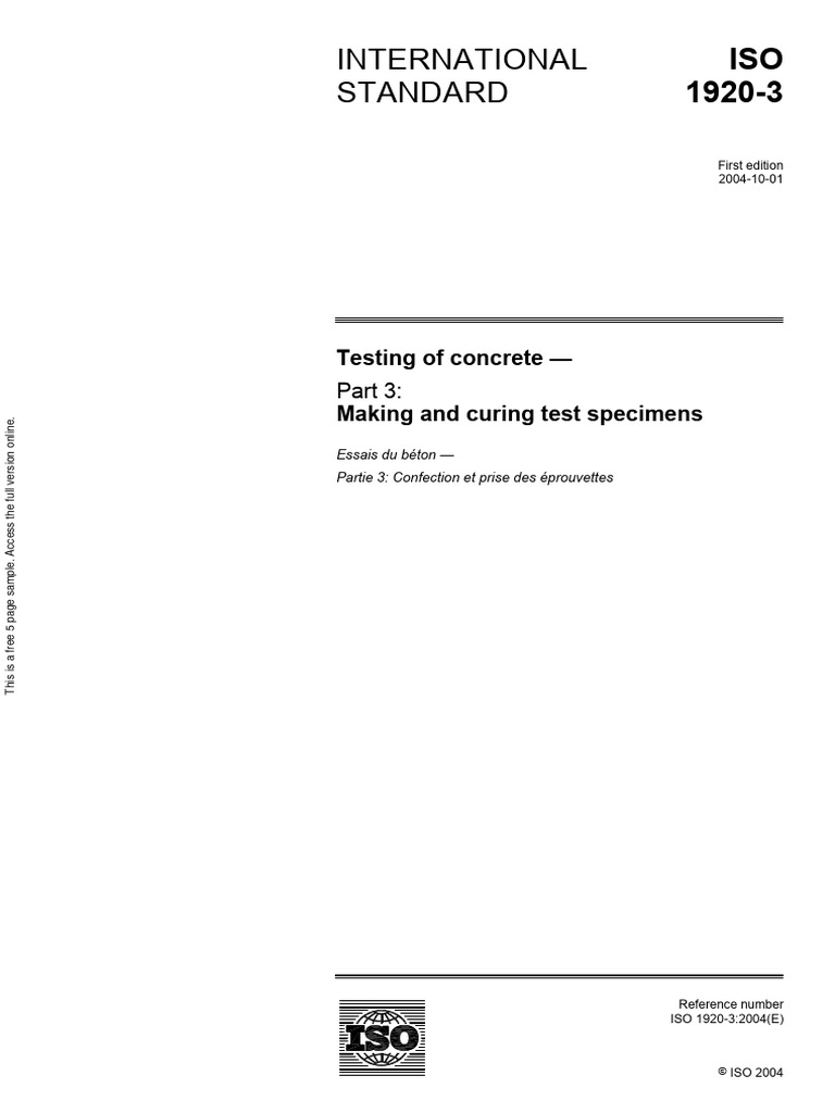 ISO 1920-3-2004 - Making and Curing Test Specimens | PDF ...