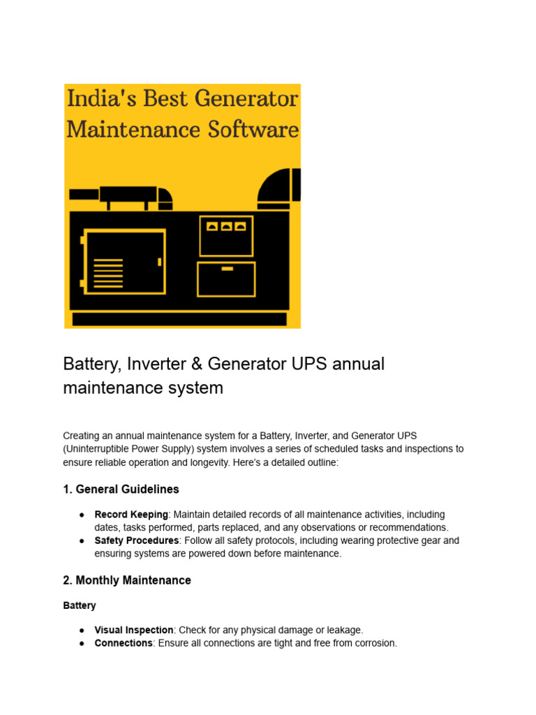 Battery, Inverter & Generator UPS Annual Maintenance System | PDF ...