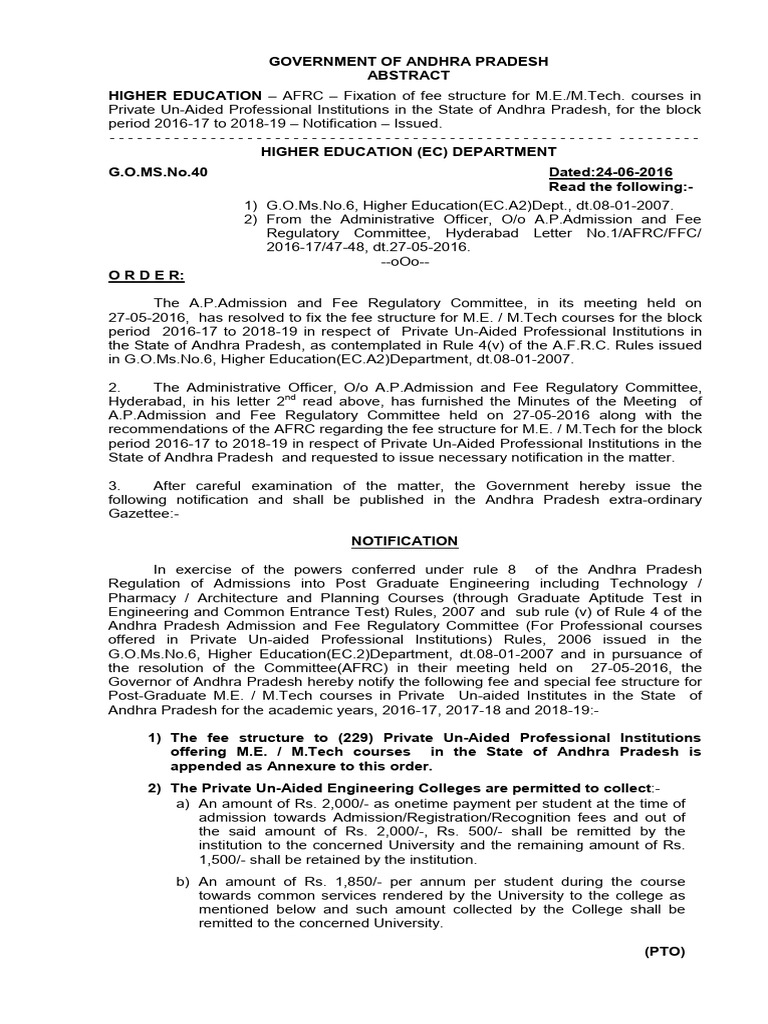 M.tech Fee Fixation Go 2016 19 | PDF | Educational Stages | Career And Technical Education