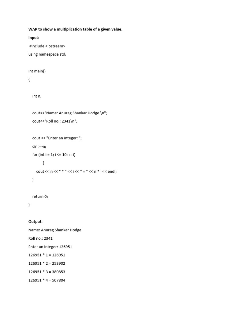 WAP To Show A Multiplication Table of A Given Value | PDF | Computers