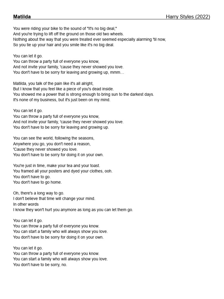Harry Styles Matilda LYRICS | PDF | Home & Garden | Poetry