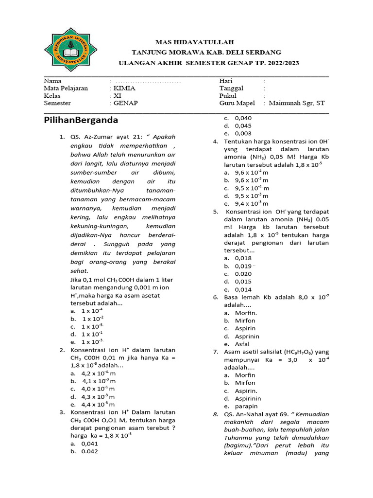 Soal Semester Genap Kls XI KIMIA MAS HIDAYATULLAH 2023-2024 | PDF