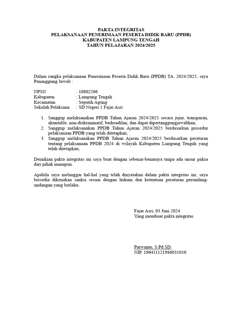 Pakta Integritas PPDB 2024 | PDF