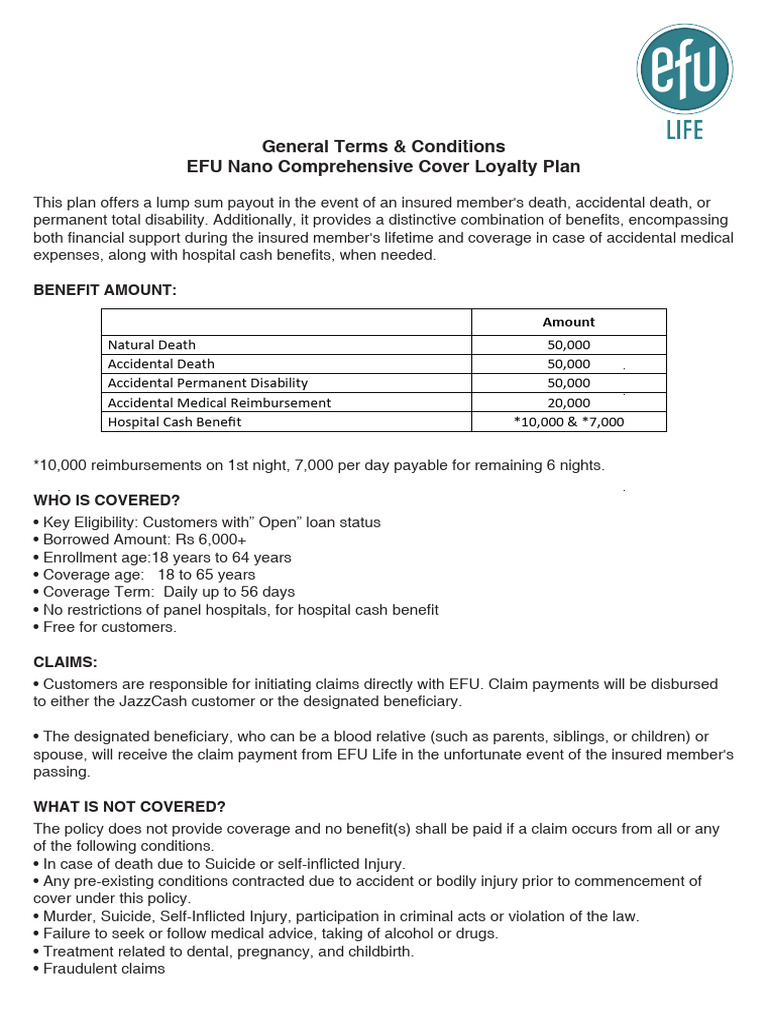 EFU Nano Comprehensive Cover Details | PDF | Insurance | Life Insurance