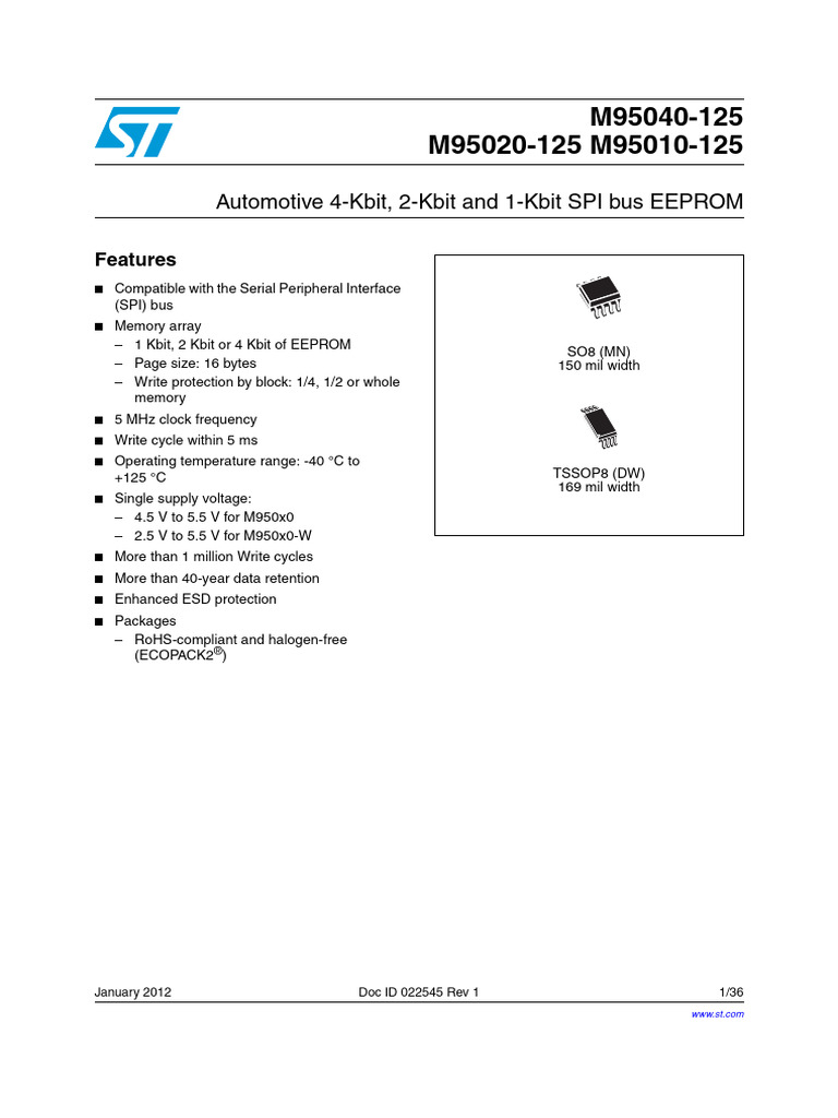 Automotive 4-Kbit, 2-Kbit and 1-Kbit SPI Bus EEPROM: Features | PDF | Input/Output | Electronic ...