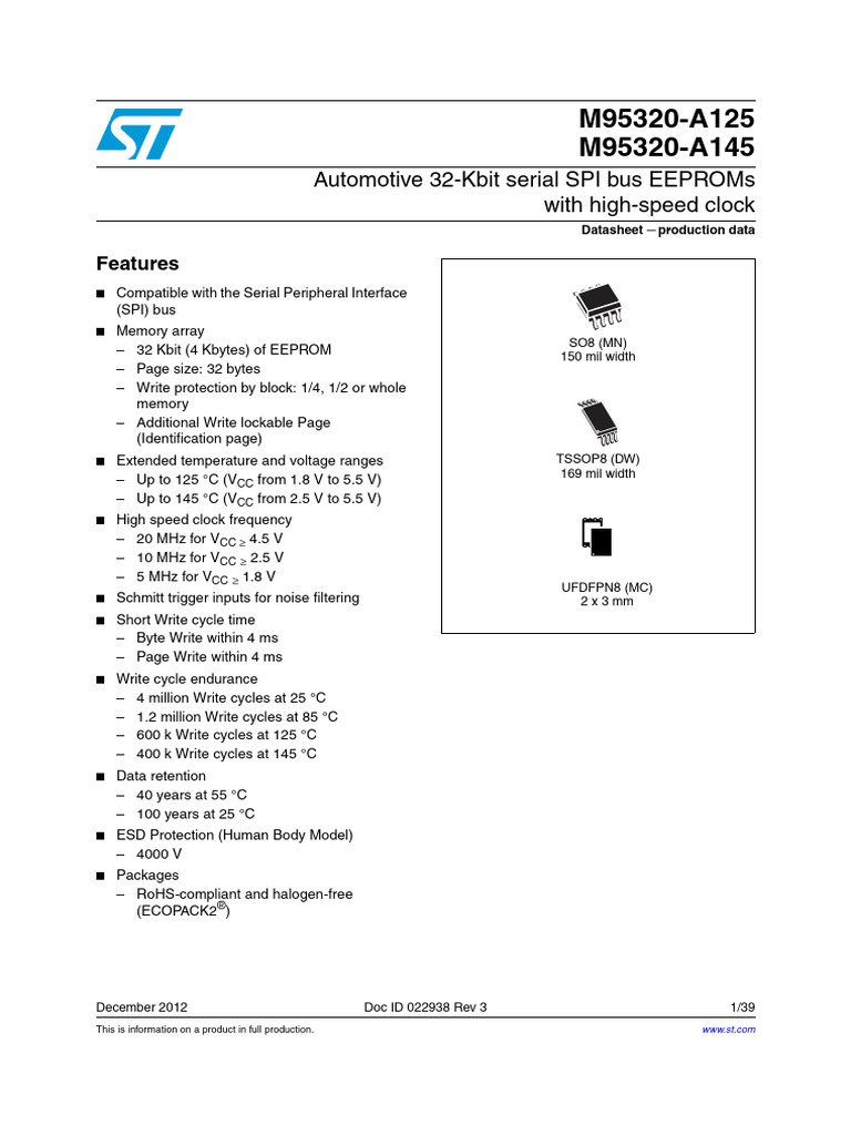 M95320-A125 M95320-A145: Automotive 32-Kbit Serial Spi Bus Eeproms With High-Speed Clock | PDF ...