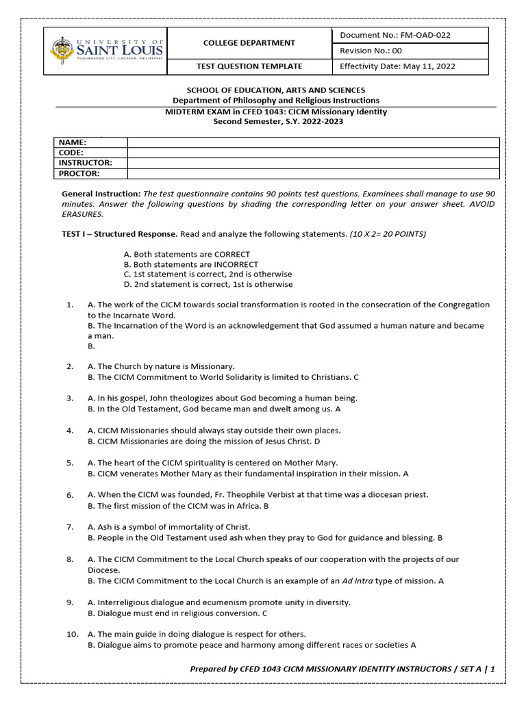 Print CFED 1043 MIDTERM EXAM A 1 | PDF | Jesus | Spiritual Gift