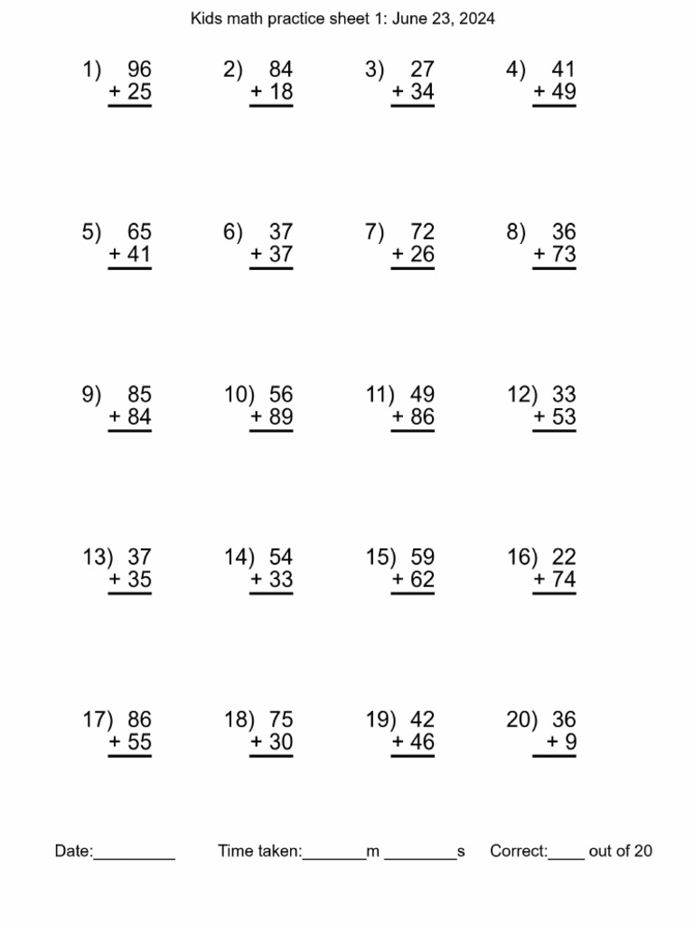Kids Math Practice Sheet 1 June 23, 2024 | PDF