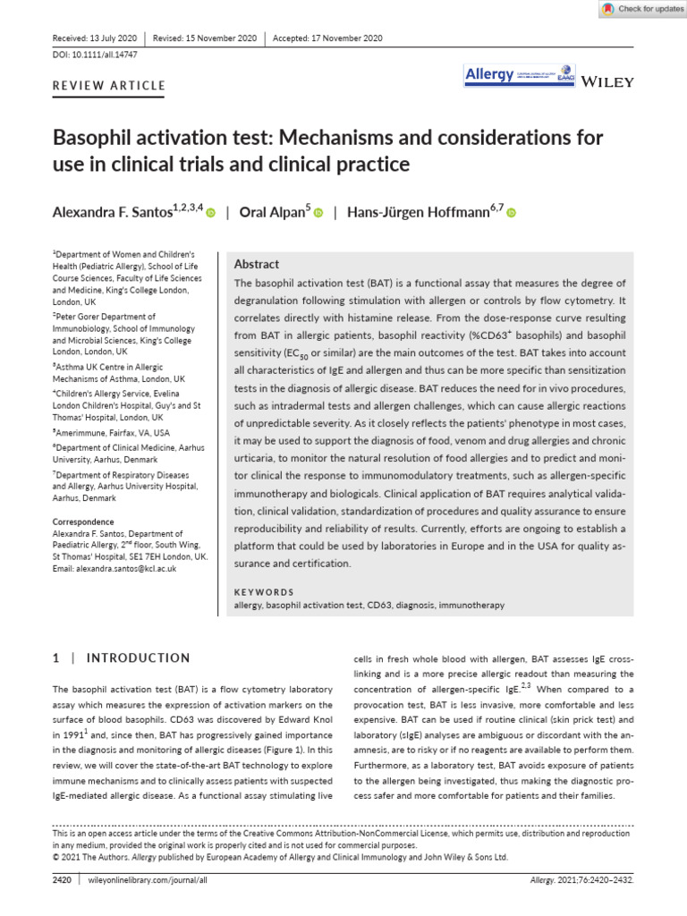 Allergy - 2021 - Santos - Basophil activation test Mechanisms and ...