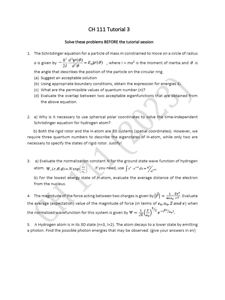 CH 111 Tutorial-3 | PDF | Wave Function | Atoms