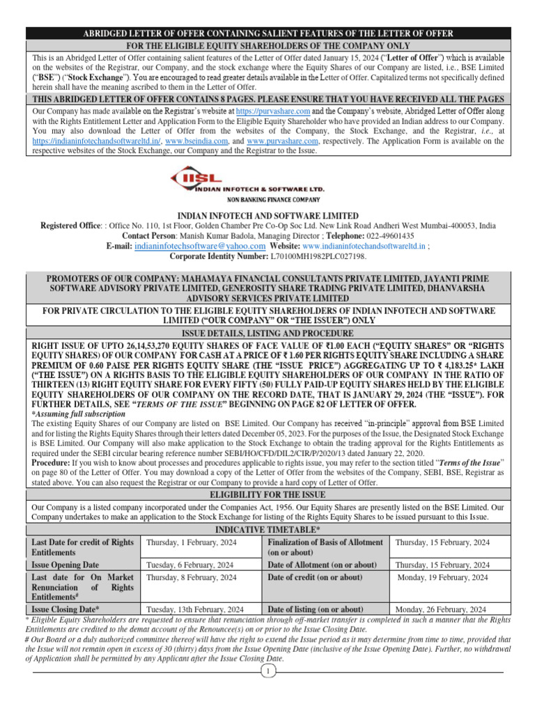 Abridged Letter of Offer - ISL Right Issue | PDF | Stocks | Securities ...