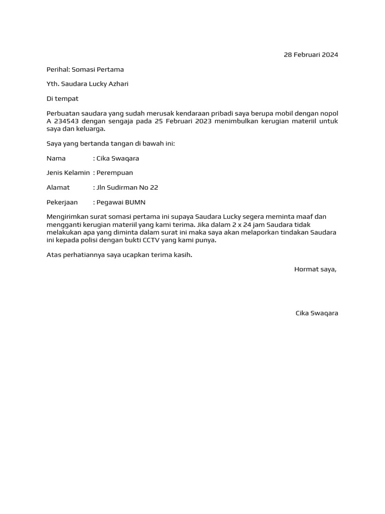 Contoh Surat Somasi Pribadi | PDF