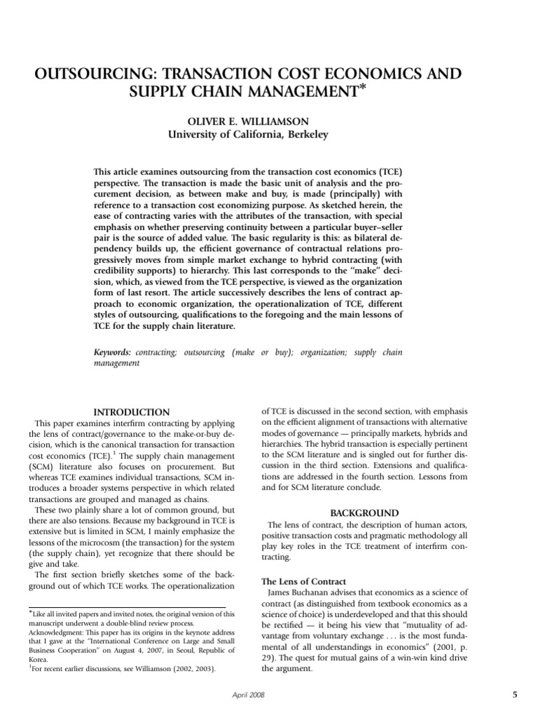 J Supply Chain Manag 2008 WILLIAMSON OUTSOURCING TRANSACTION COST