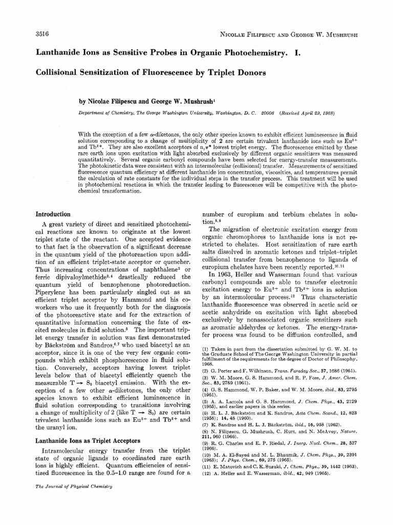 Lanthanide Ions As Sensitive Probes in Organic Photochemistry | PDF | Fluorescence | Photochemistry