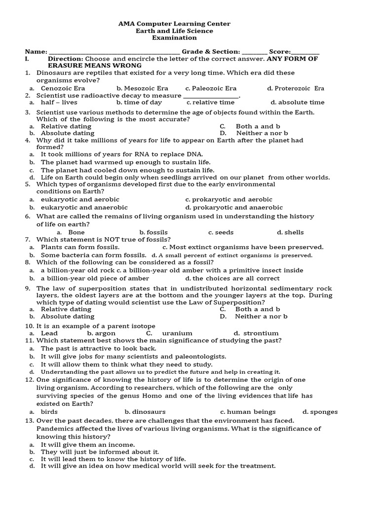 Earth and Life Science Exam Questions | PDF | Fossil | Life