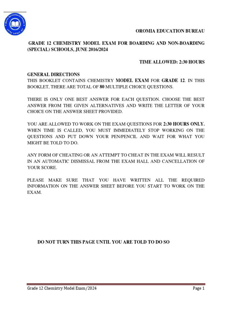 Grade 12 Chemistry Model Exam Final Version-OEB-2024 | PDF | Chemical ...