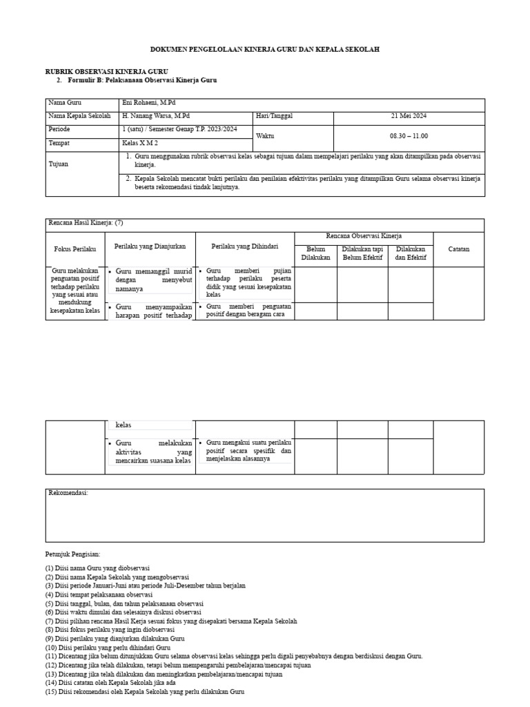 Bu Eni-Rubrik Pelaksanaan Observasi Kinerja Guru (Form B) | PDF