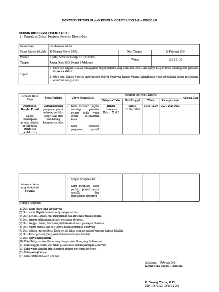 Bu Eni-Rubrik Persiapan Observasi Kinerja Guru (Form A) | PDF