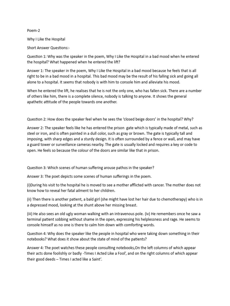 Why I Like The Hospital - Poem | PDF | Poetry
