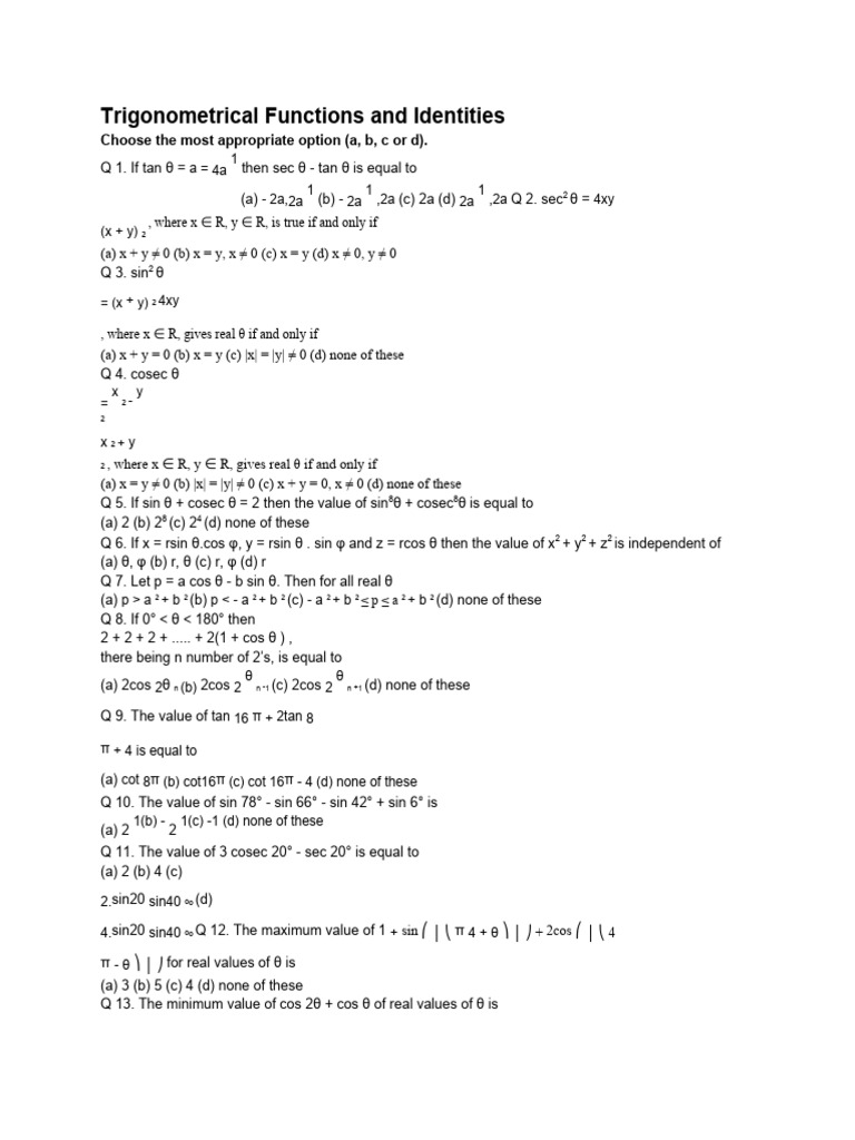 01 Trigonometrical Functions And Identities Download Free Pdf Trigonometric Functions Numbers
