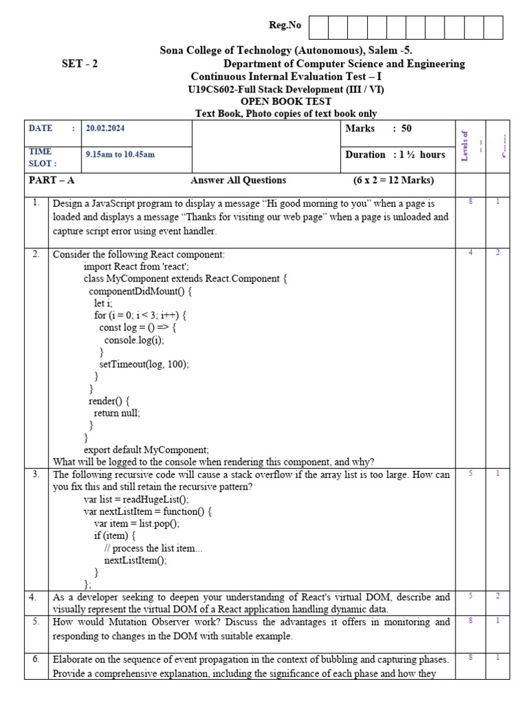 CIE1 Set2 U19CS602 - Full Stack Development | PDF | Java Script | Computing