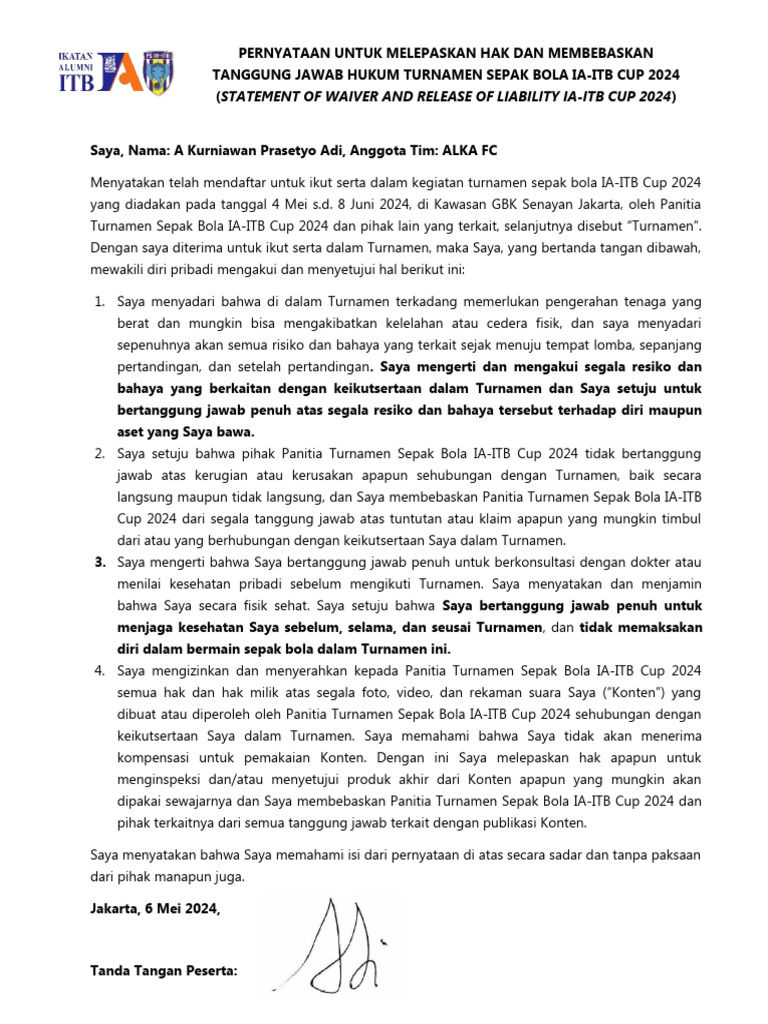 Statement of Waiver & Release of Liability - IA-ITB CUP 2024 | PDF