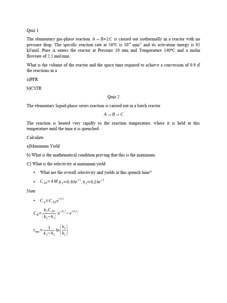 CRE Quiz 3 and 4 | PDF | Science & Mathematics