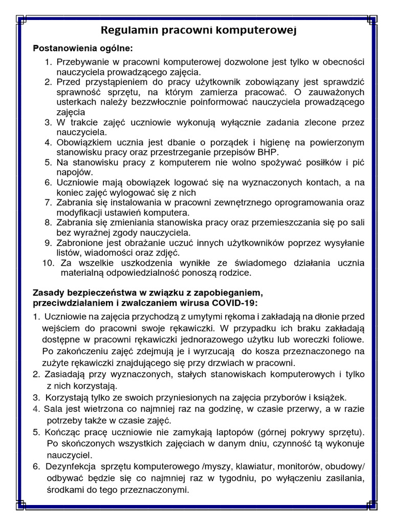 2020 - Regulamin Pracowni Komputerowej Z Zasadami Bezpieczeństwa | PDF