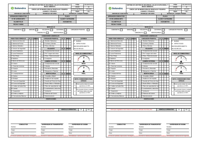 SOL-SSO-FO-30 - Check List de Inspección de Vehículos y Equipos Livianos y Pesados Vr.01 | PDF ...