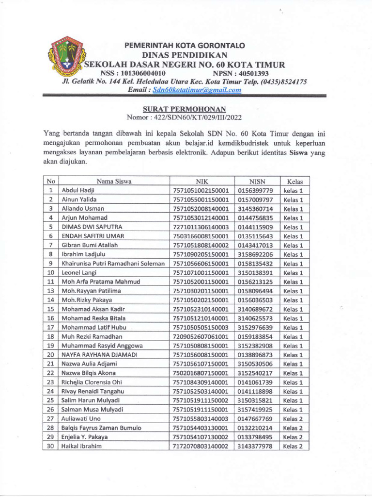 Permohonan Akun Belajar Siswa | PDF