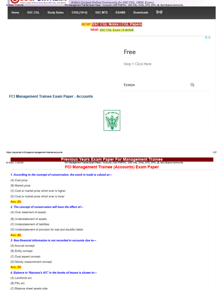 FCI Management Trainee Exam Paper - Accounts - SSC PORTAL - SSC CGL ...