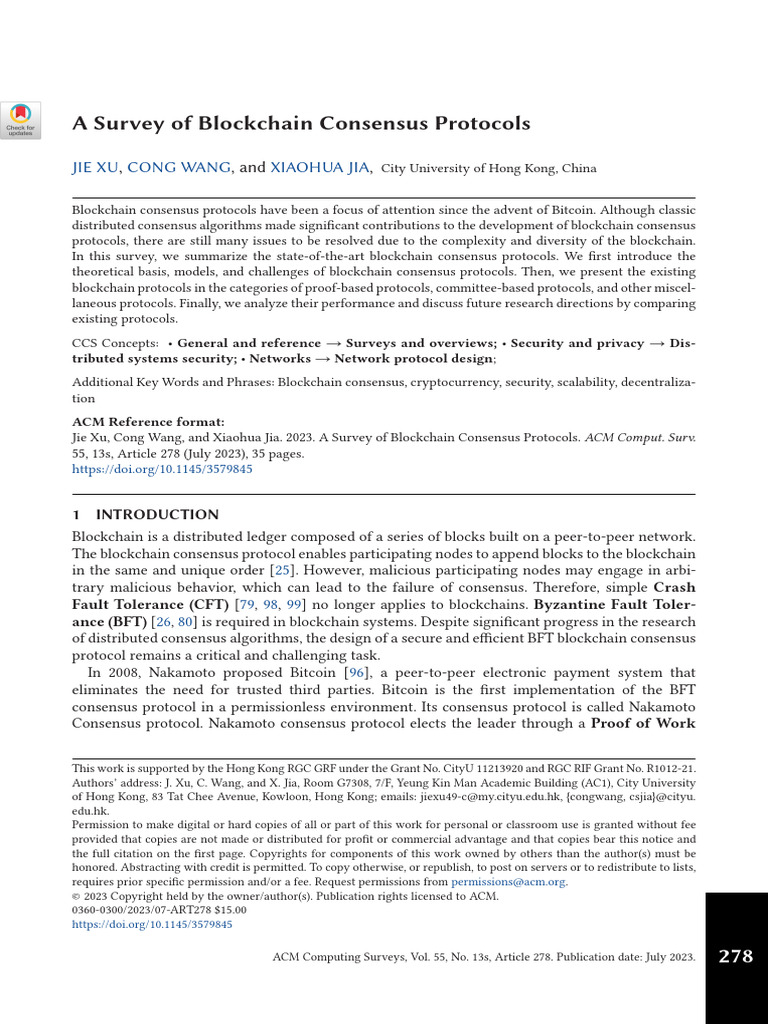 A Survey of Blockchain Consensus Protocols: JIE XU Cong Wang Xiaohua JIA | PDF | Computer ...