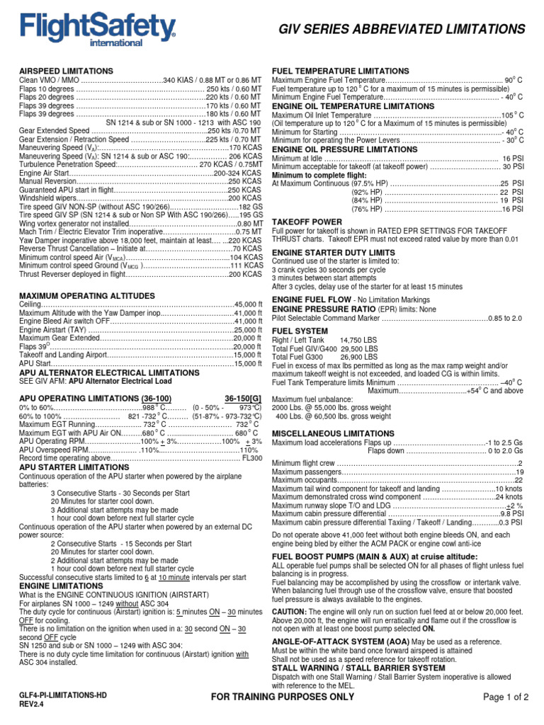 GIV Pilot Initial Limitations Handout | PDF | Takeoff | Aviation