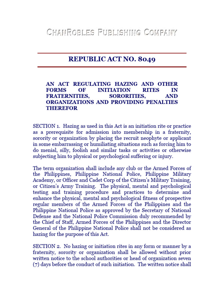 Republic Act No. 8049. Anti-hazing Law | Download Free PDF ...