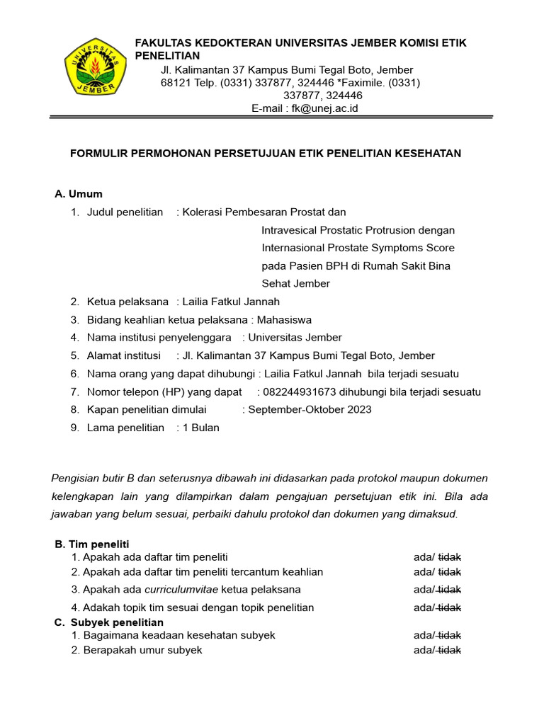 Form Permohonan Etik Lailia FJ | PDF
