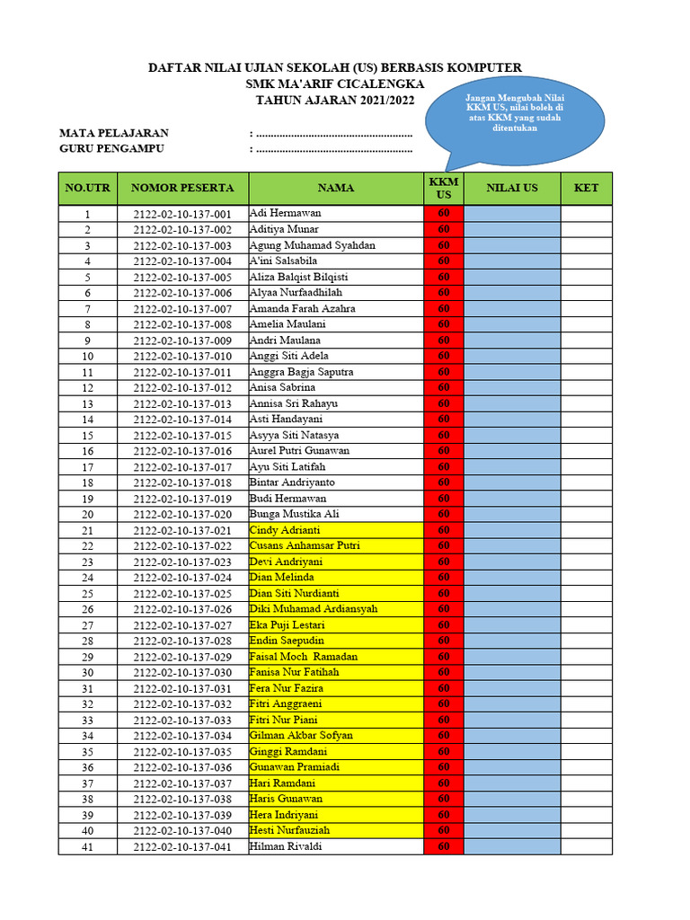 Format Nilai Us 2022 | PDF