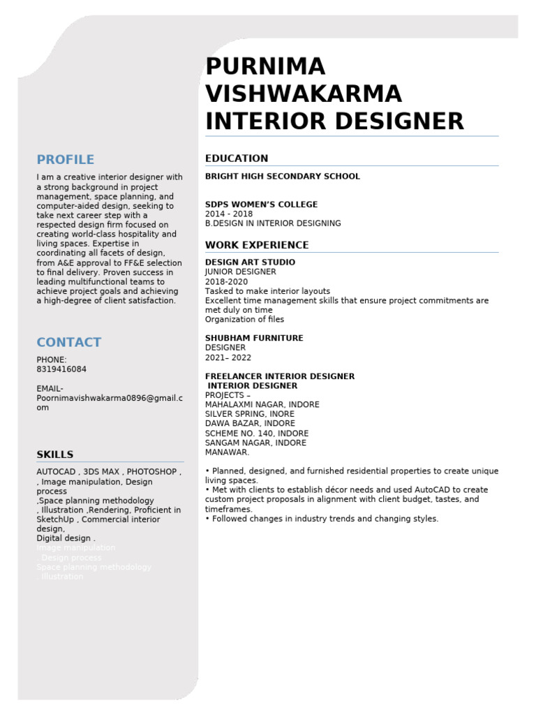 Interior Designer Profile & Skills | PDF | Interior Design | Design