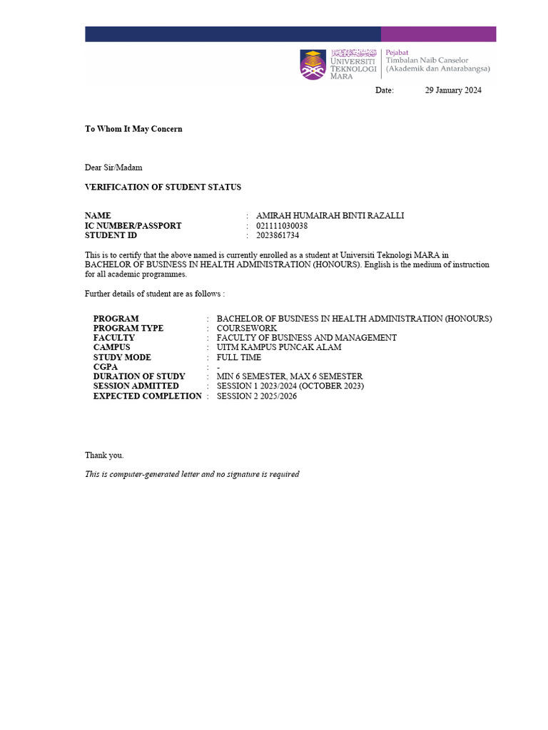 Student Status Verification Letter | PDF