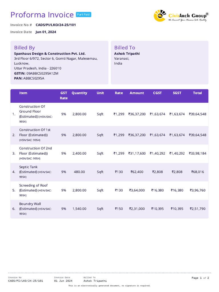 Proforma Cadspilko24 25101 Spanhaus Design and Construction PVT LTD Ashok Tripathi | PDF ...