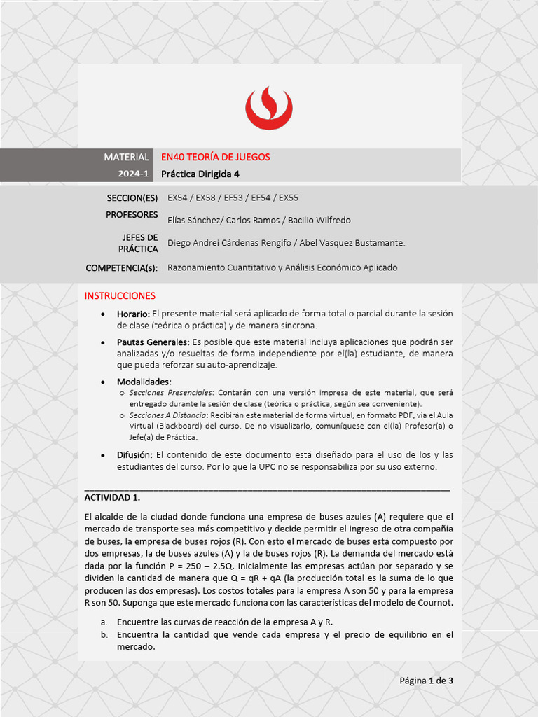 PD4 Teoría de Juegos 2024-01 | PDF | Mercado (economía)