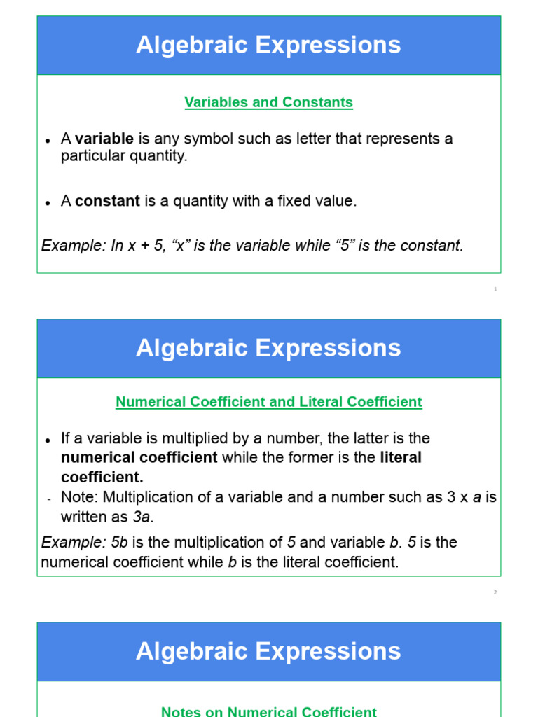 01 Algebraic Expressions | PDF | Numbers | Variable (Mathematics)