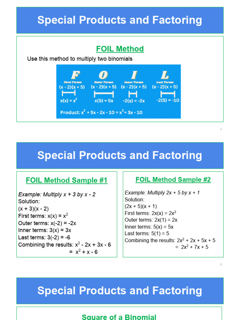Special Products and Factoring Guide | PDF | Factorization | Polynomial