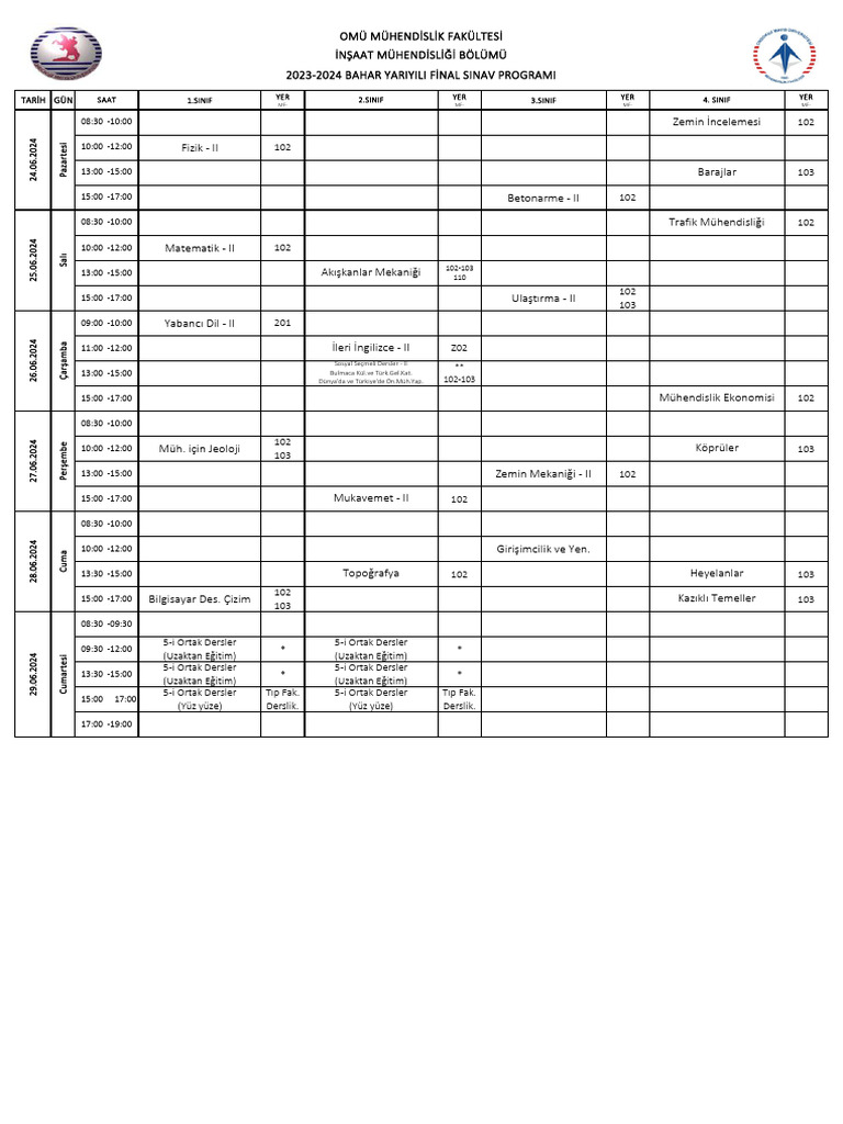 2023-24 Bahar Final Sınav Prog | PDF