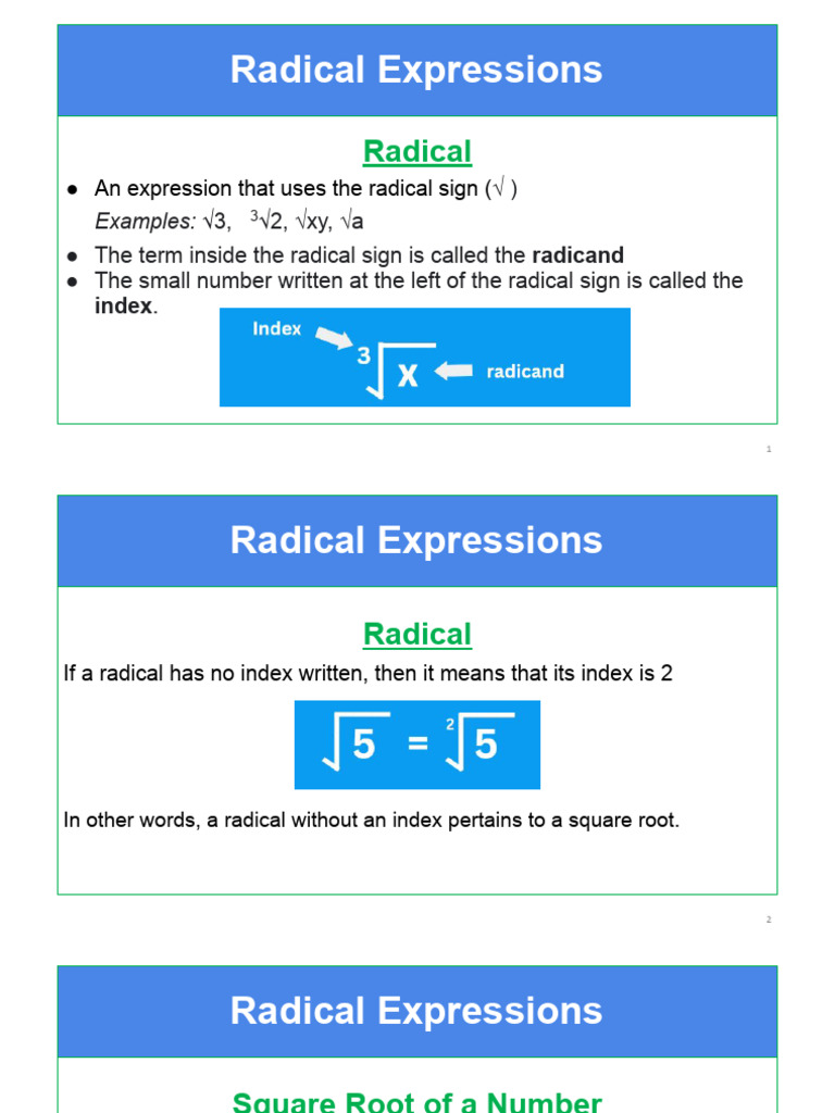 Understanding Radical Expressions | PDF | Square Root | Multiplication