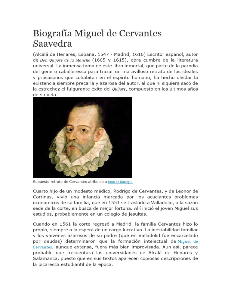 Biografía Miguel de Cervantes Saavedra | PDF | Miguel De Cervantes ...