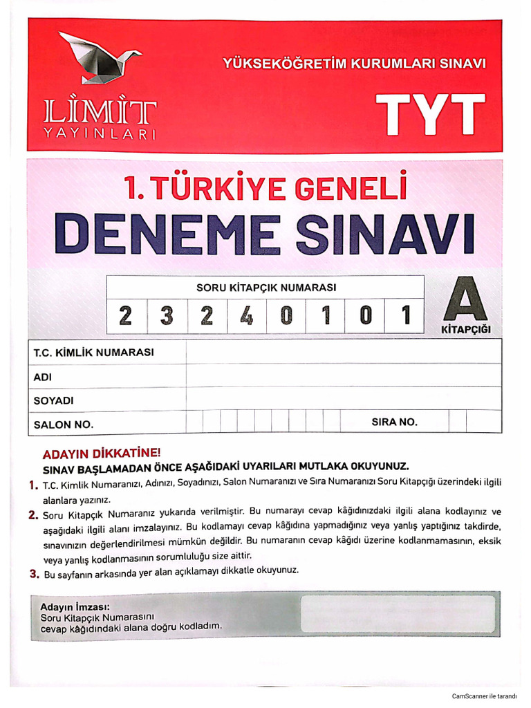 @Tgdenemeleri 2024 Li̇mi̇t Türki̇ye Geneli̇ Tyt 1.PDF | PDF