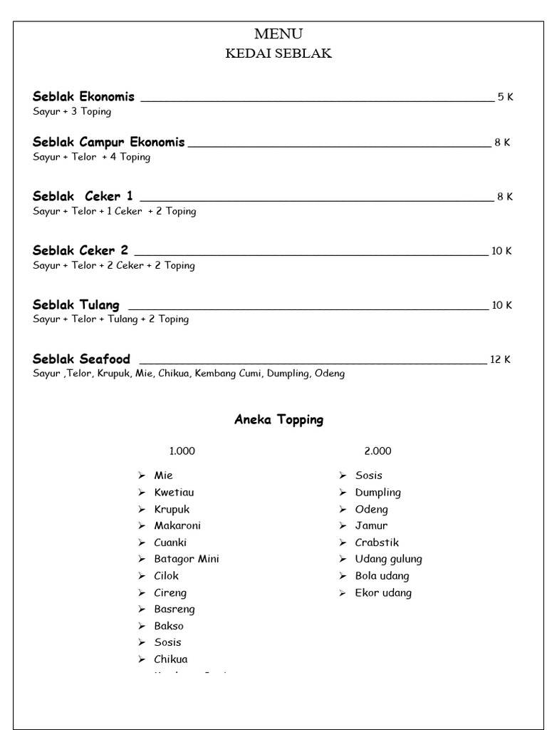 MENU Seblak OK | PDF