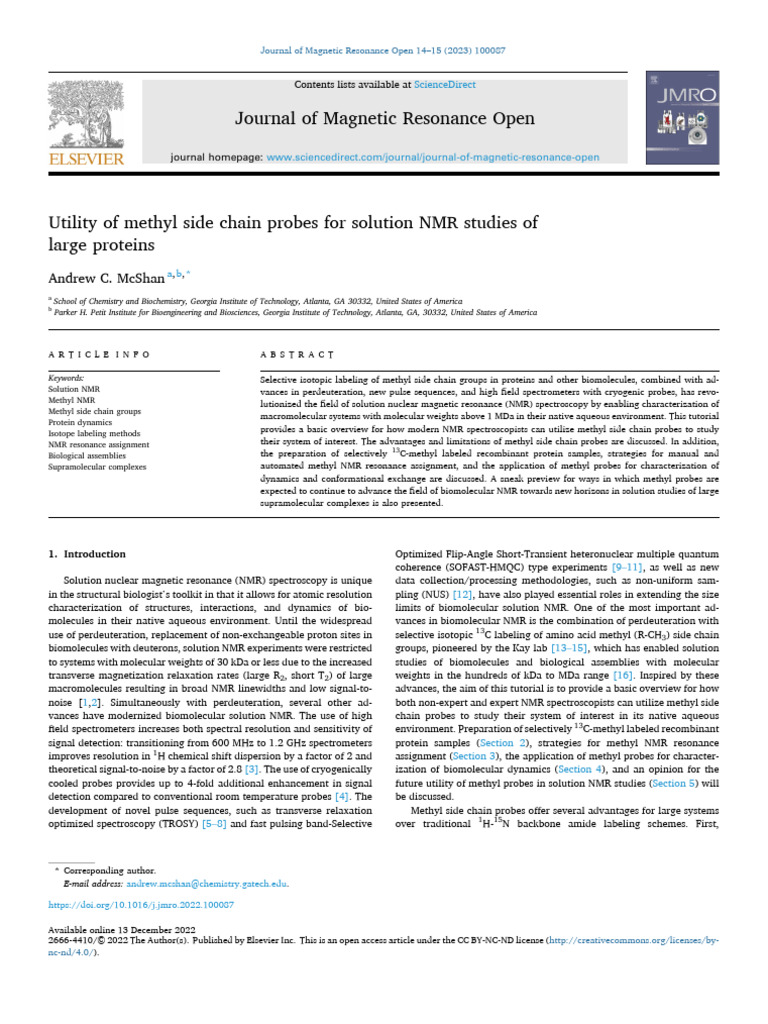 Utility of Methyl Side Chain Probes For Solution NMR Studies of Large Proteins | PDF | Two ...
