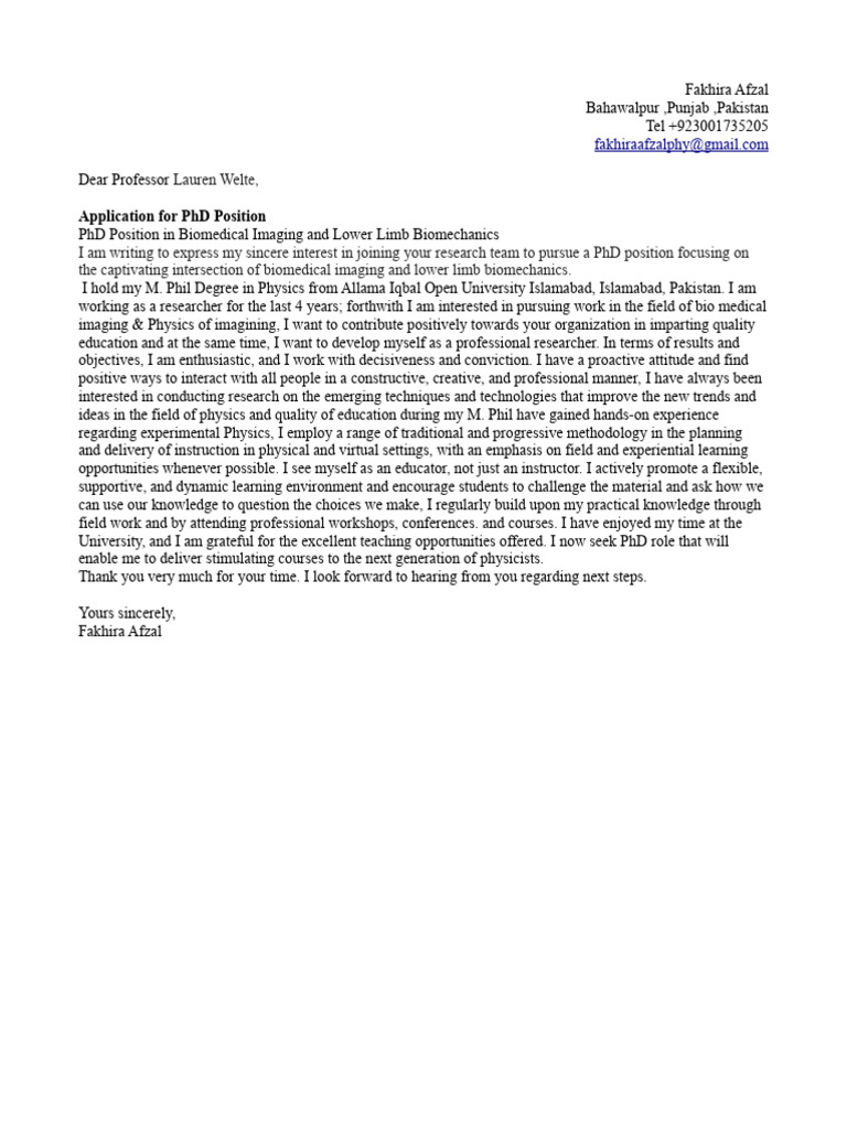 Motivational Letter For PHD Fakhira | PDF | Learning | Physics